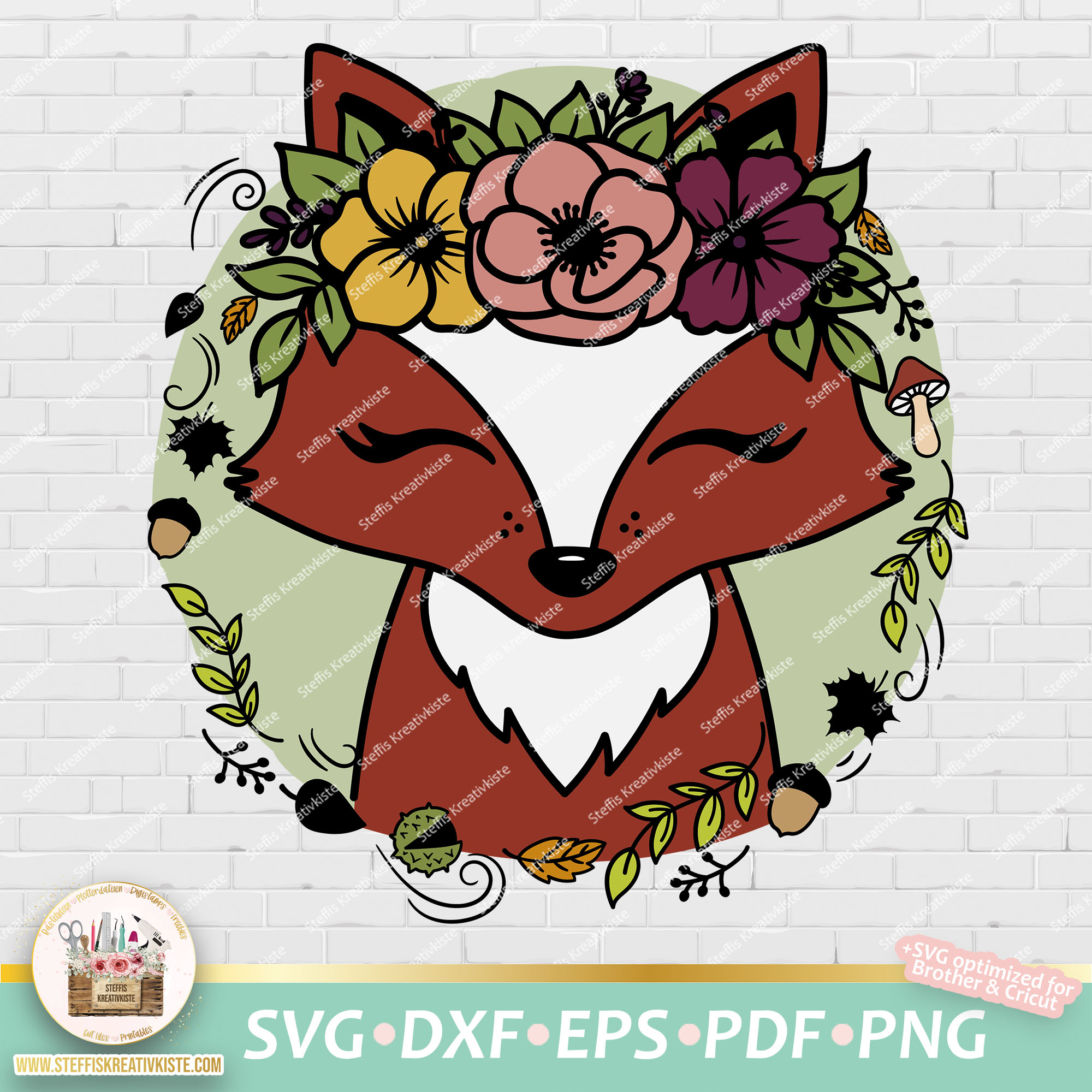 Plotterdatei Fuchsmädchen mit Herbstkranz in SVG, PNG, DXF