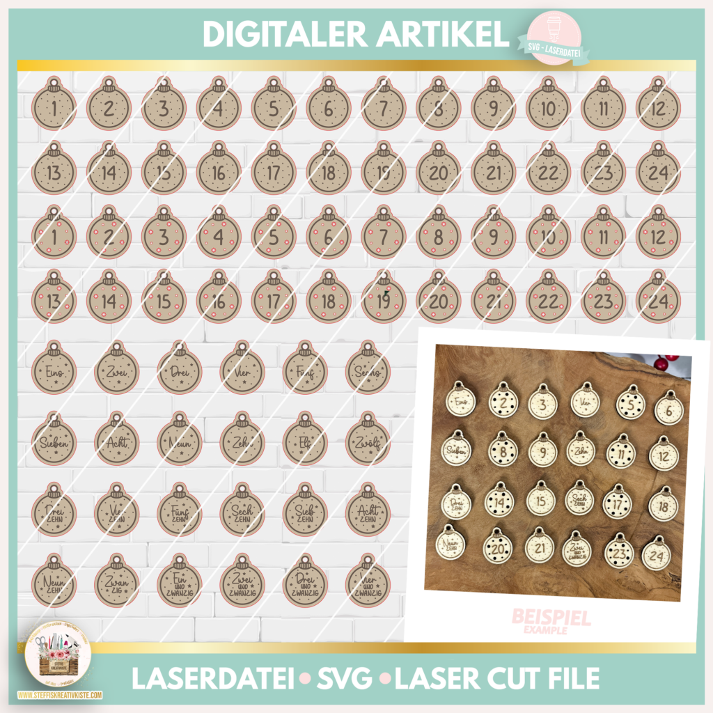 Laserdatei Adventskalenderzahlen Weihnachtskugeln in SVG
