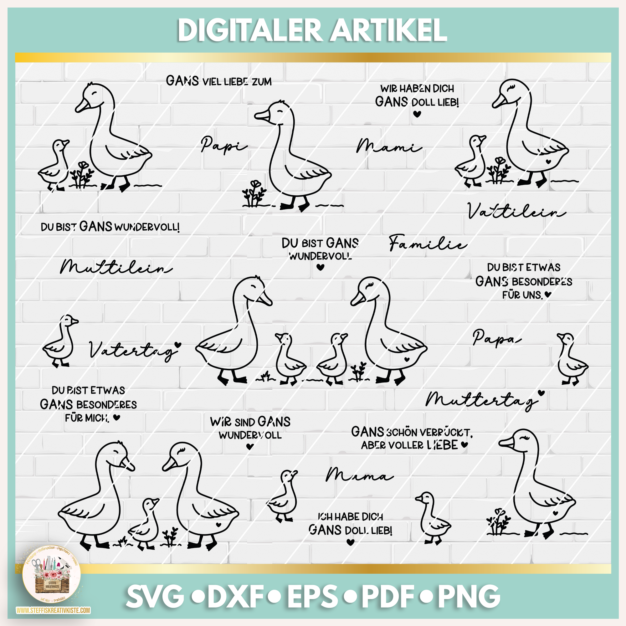 Plotterdatei Familie Gans mit Schriftzügen in SVG, PNG und DXF